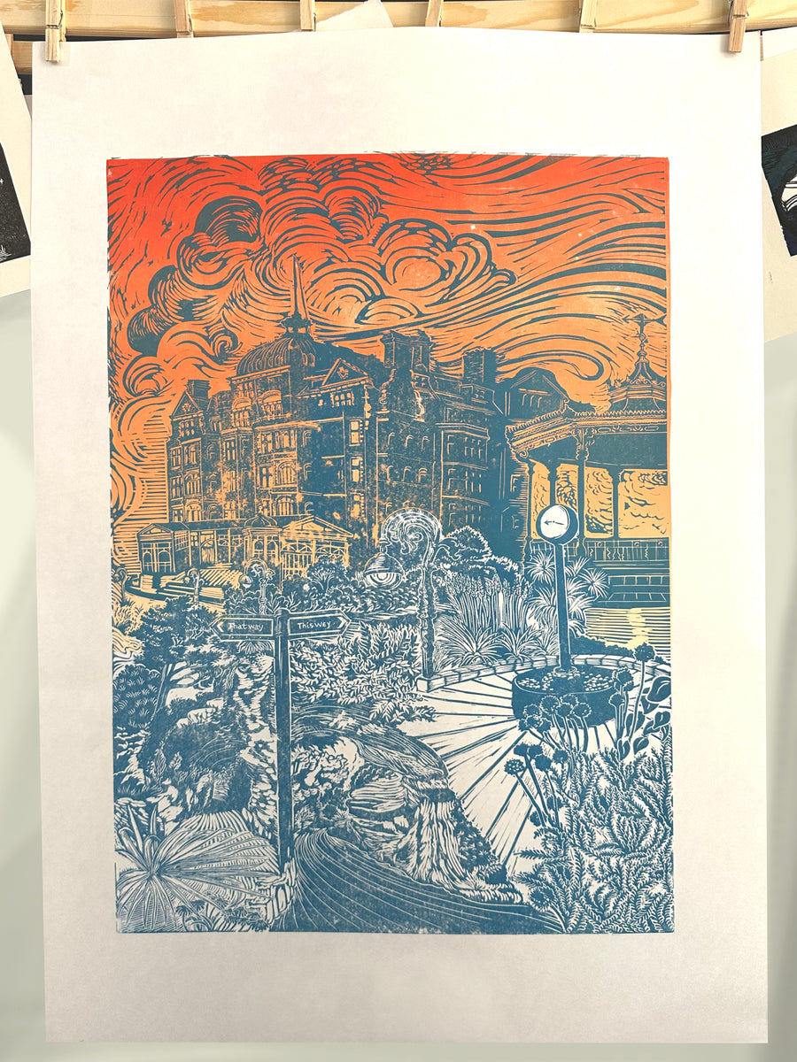 Folkestone West Sunset – Limited Edition British Seaside Linocut Linop ...